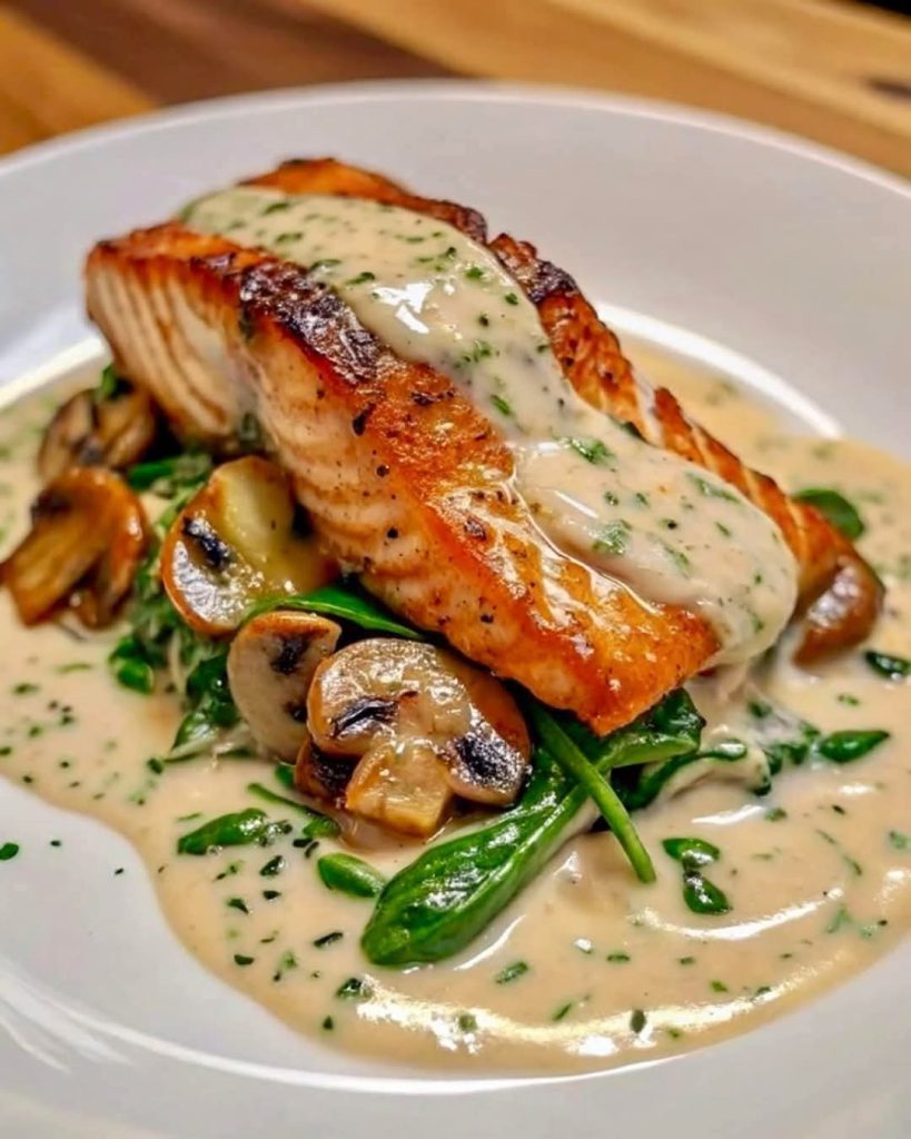 Garlic Butter Salmon with Spinach & Mushrooms in Creamy Sauce – Best ...